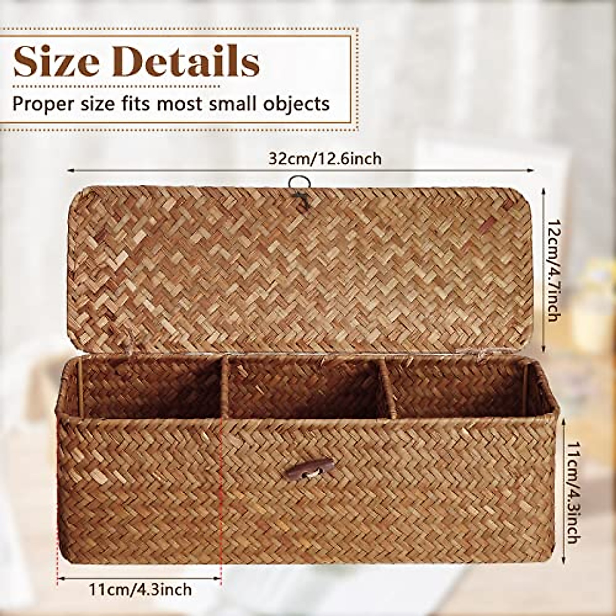 2 Pieces Seagrass Baskets with Lid, Rectangular Hand Woven Wicker Bin Storage Box for Shelves Organizing, Small Rustic Home Storage Organizer Container for Toilet Paper Snack Toys (Khaki)