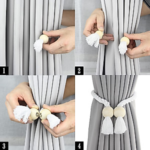 Porlau 2 Pack White Magnetic Curtain Tiebacks Cotton Hand Woven Tieback Holdback Decorative Tie Backs for Drapes with Wooden Buckle No Tools Required
