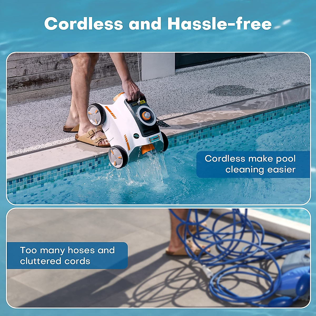 Ofuzzi Cyber 1200 Pro Cordless Robotic Pool Cleaner, Dual Navigation Path, Max.130 Mins Runtime, Stronger Suction Power Pool Robot for Above/In Ground Pools Up to 1076ft² (Orange)