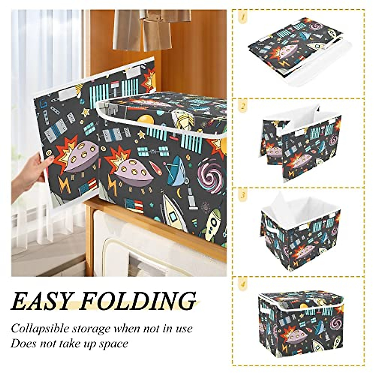 Krafig Abstract Cartoon Space Foldable Storage Box Large Cube Organizer Bins Containers Baskets with Lids Handles for Closet Organization, Shelves, Clothes, Toys