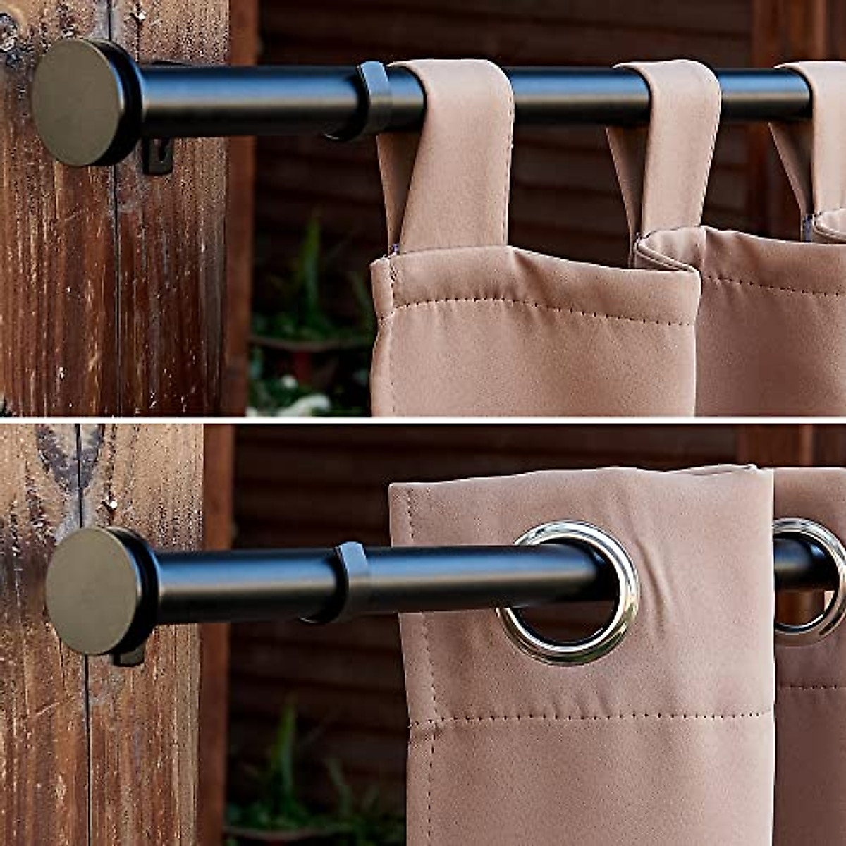 NICETOWN Rustproof & Waterproof Heavy Duty Outdoor Patio Curtain Rod Set with Classic Groove Round Finials, 1 inch Diameter Adjustable Length 72 to 144" Length, Matte Black