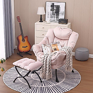 Givjoy Lazy Chair and Ottoman, Large Accent Lounge Chair with Armrests and a Side Pocket, Modern Leisure Upholstered Sofa Reading Armchair with Footrest for Bedroom, Living Room, Dorm Rooms, Office