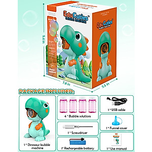 EduCuties Bubble Machine for Kids, Dinosaur Toys Automatic Bubble Blower Maker with Solutions for Toddlers Ages 4-8 Outdoor Toy for 3 4 5 6 Year Old Boys Girls Birthday Gift Present- Green
