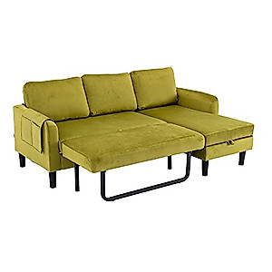 Eafurn Sectional Pull Out Bed, PU Leather Upholstered 3 Seats Sleeper Reversible Chaise Lounge w/Storage, Modern Design 72" L-Shaped Corner Sofa & Couches for Living Room, Olive