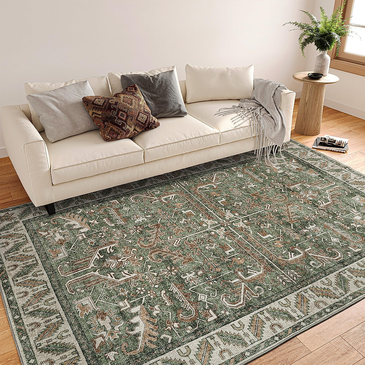 Valenrug Washable Rug 6x9 - Ultra-Thin Antique Collection Area Rug, Stain Resistant Rugs for Living Room Bedroom, Distressed Vintage Rug(Green, 6'x9')
