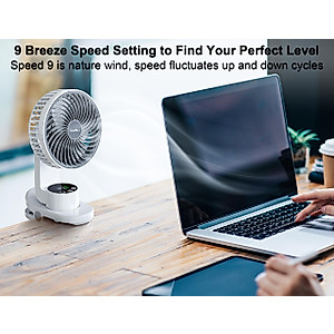 AddAcc Small Desk Fan, Rechargeable Clip On Fan with Atmosphere Light & Hook, Battery Operated Table Fan, Ultra Quiet, 9 Speed Auto Oscillation Desktop Fan for Bedroom Office Home Travel Camping