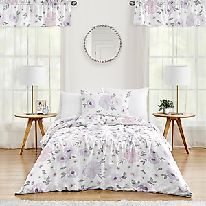Sweet Jojo Designs Lavender Purple, Pink, Grey and White Shabby Chic Watercolor Floral Girl Twin Kid Childrens Bedding Comforter Set - 4 Pieces - Rose Flower