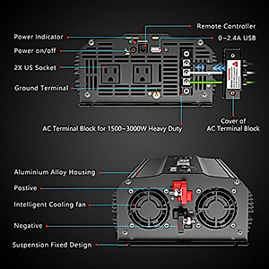 3000W Pure Sine Wave Inverter 12V DC to 120V AC Converter for Home RV Truck Off-Grid Solar Power Inverter 12V to 110V with 5V 2.4A USB Port AC Hardwire Remote Controller by VOLTWORKS Black