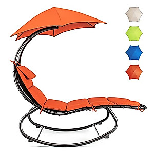 Tangkula Hanging Chaise Lounge Chair, Rocking Hammock Swing Chair with Cushion, Built-in Pillow, Removable Canopy, Outdoor Hanging Curved Chaise Lounger for Poolside, Backyard, Garden (Orange)