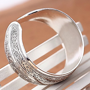 BODYA Tibeten Silver Carved Spiral Flower Connecting Branches Pattern Wide Band Open Cuff Bracelet Bangle for Adult