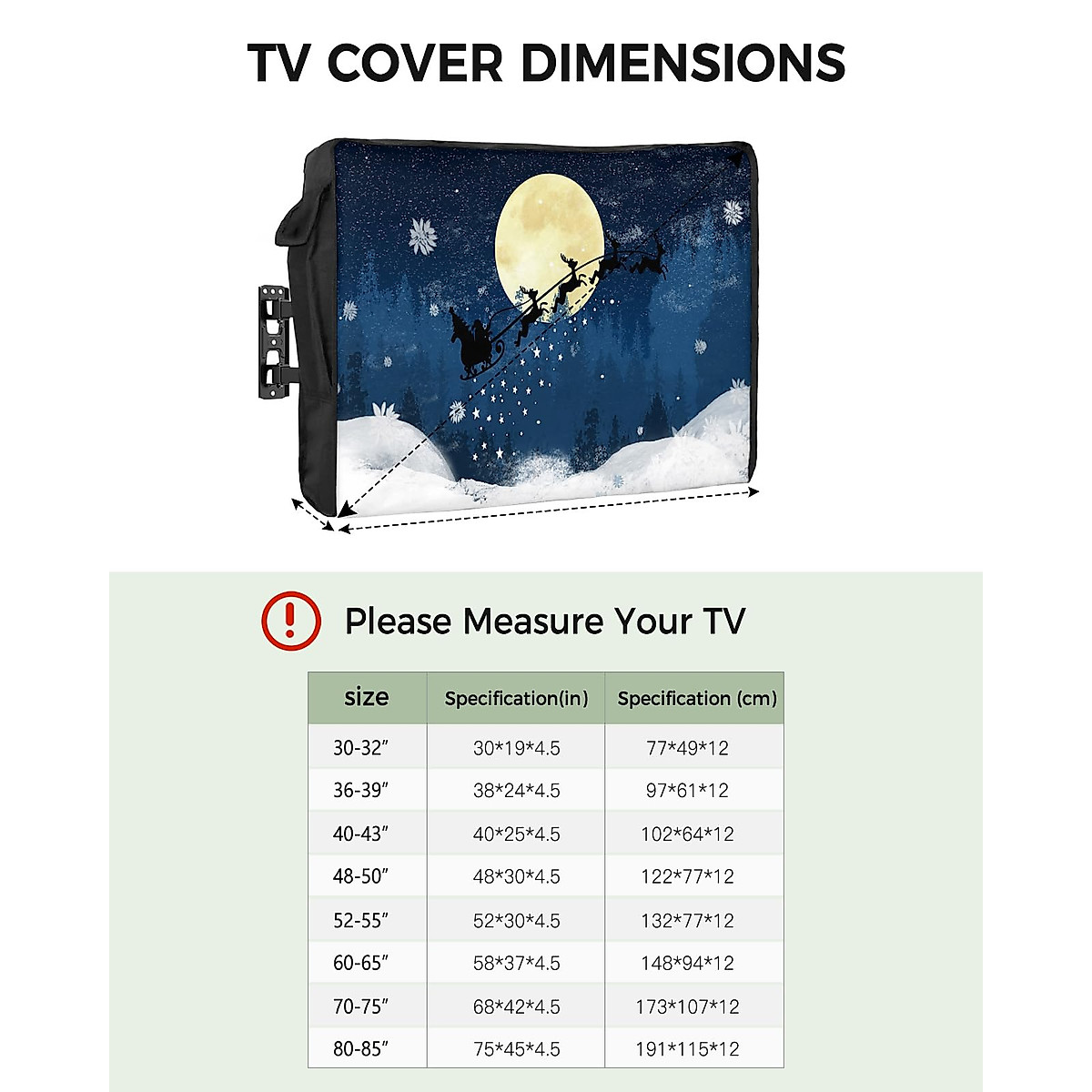 Outdoor TV Cover - Christmas Snow Eve Scene Santa Reindeer Moon Waterproof and Weatherproof 40"-43" LCD Movable Shield TV Display Screen Protector Outside Television Covers