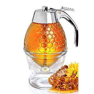 Hunnibi Honey Dispenser PLUS - No Drip Glass with STAINLESS STEEL TOP - Syrup Dispenser Glass - Beautiful Honey Pot - Honey Jar with Stand