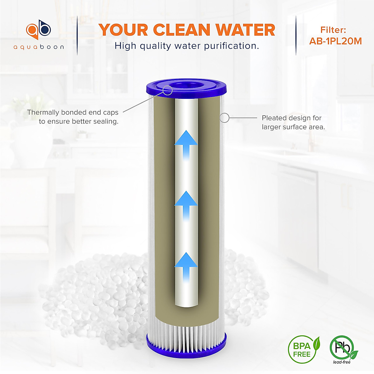 Aquaboon 20 Micron Pleated Sediment Filter Cartridge 10" x 2.5" Whole House Water Filter Replacement Compatible with WFPFC3002, WHKF-WHPL, 6-Pack