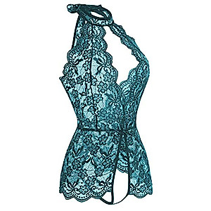 Women One Piece Lingerie Lace Baby Dolls Teddy Deep V neck Halter Bodysuit Chemise Sleepwear (Dark turquoise, XL)