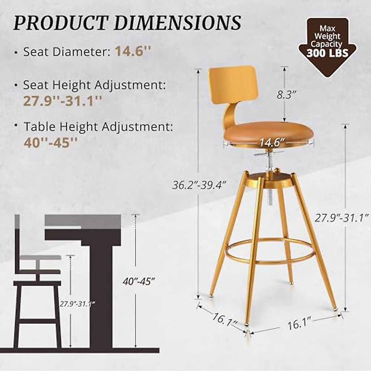 Cozyman Industrial Swivel Bar Stool Set of 4, 26"-32" Adjustable Counter Height Bar Stool with Back for Kitchen Island, Vintage Farmhouse Faux Leather Barstool with Golden Metal Legs, Whiskey Brown