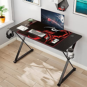 EUREKA ERGONOMIC Gaming Desk 47 Inch,PC Gaming Table, X Shaped Gaming Computer Desk with Mouse Pad, Carbon Fiber Home Office Desk with Cup Holder & Headphone Hook & Controller Stand,Black