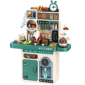 Deejoy 89 PCS Kitchen Playset, Kids Kitchen Toys with Realistic Lights and Sounds, Pretend Steam and Water Tank Functions, Kitchen Color Changing Play Food Accessories for Boys and Girls (Green)