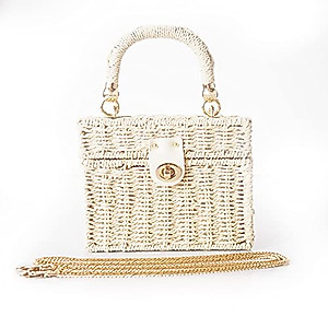 LCC ACBLI FEELOMA JIYALI Handwoven Rattan Vintage Purse Natural Chic Casual Handbag Beach Sea Tote Basket Straw Vacation Bag, Off-White