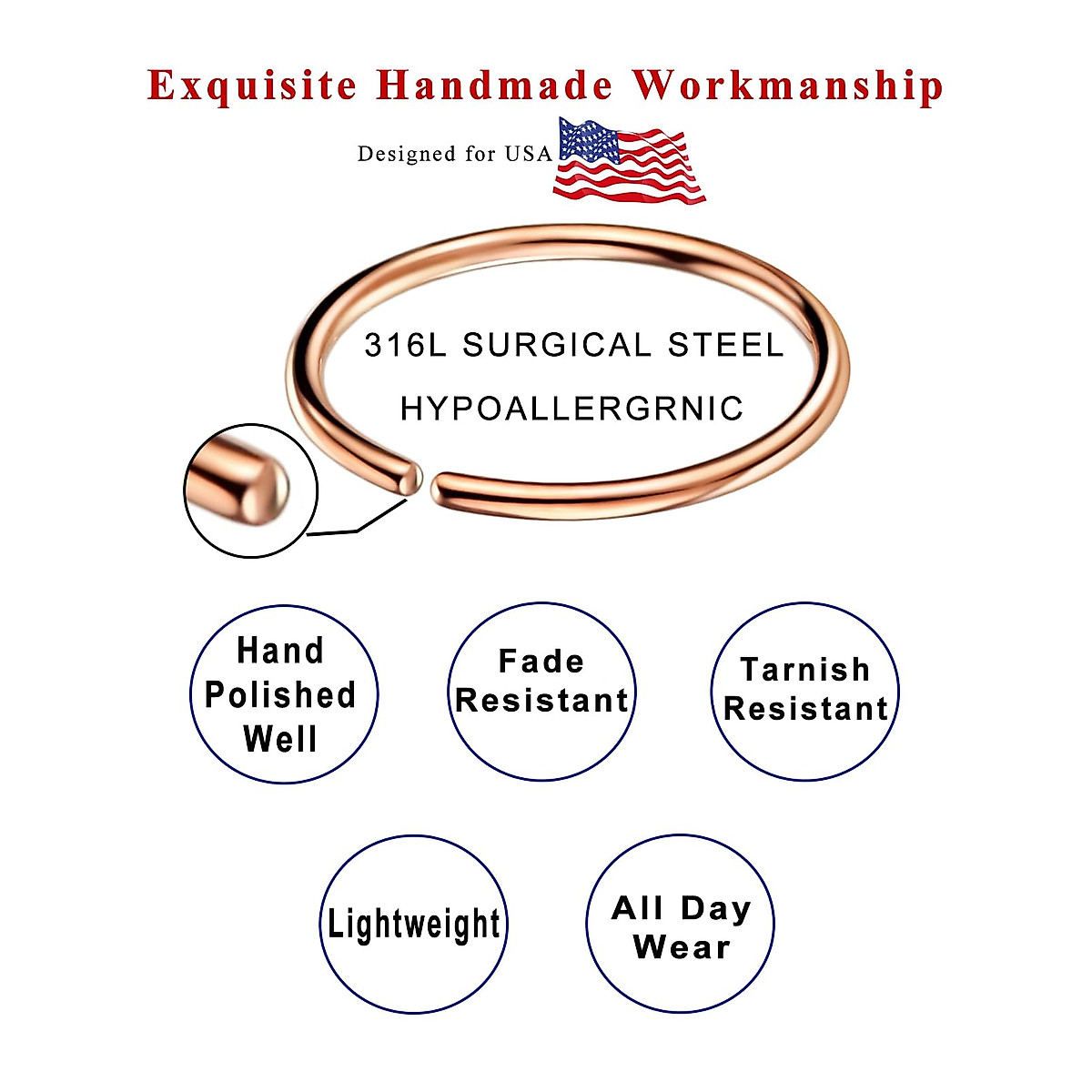 Rose Gold Small Hoop Earrings for Cartilage Nose, 8mm Rosegold Piercing Hoop Ring 18 Gauge Nose Rings Hoop 18G Tragus Helix Daith Rook Snug Piercing Rings 2 Pieces Ear Lobe Earrings