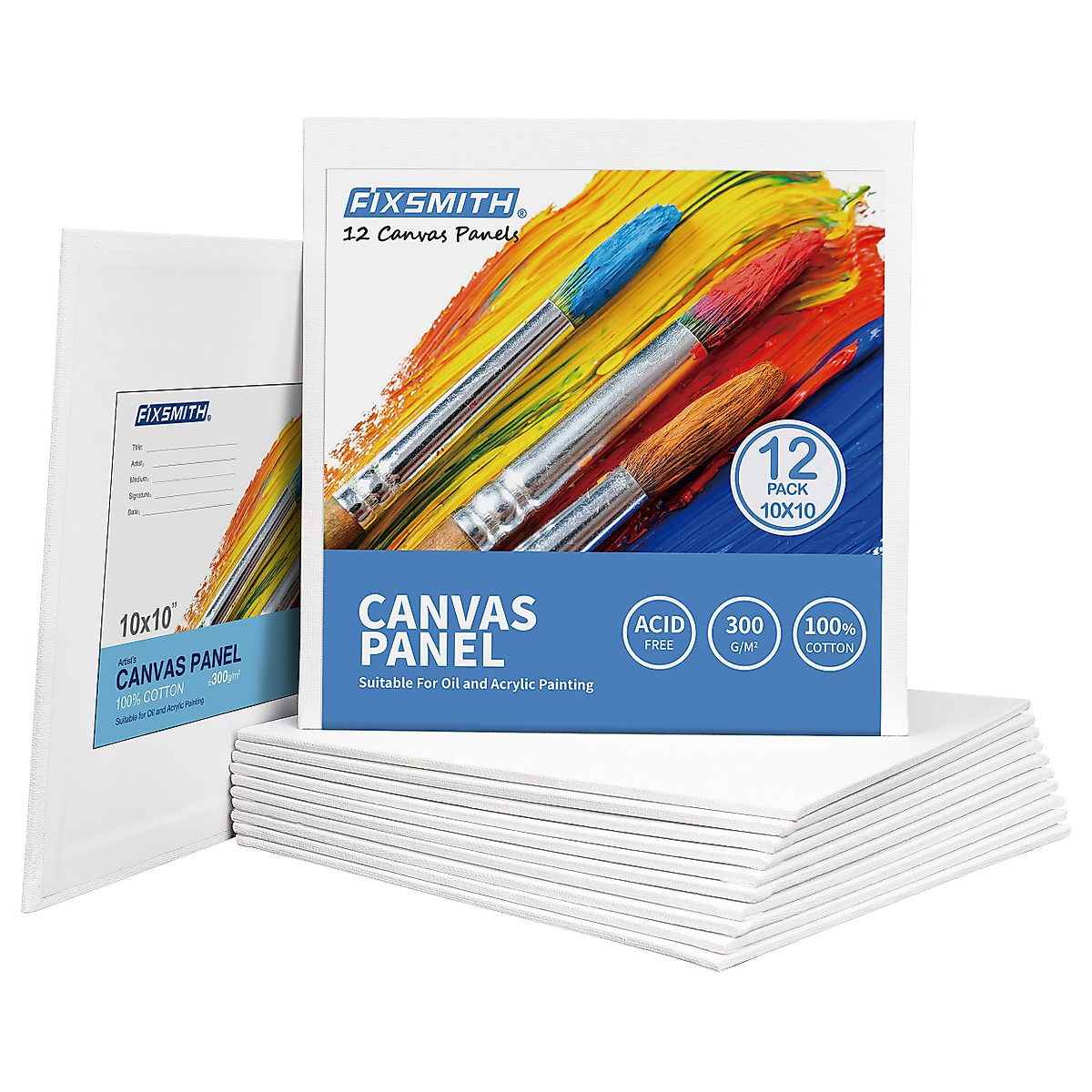 FIXSMITH Canvas Boards for Painting 10x10 Inch, Super Value 12 Pack White Blank Canvas Panels, 100% Cotton Primed, Painting Art Supplies for Professionals, Hobby Painters, Students & Kids