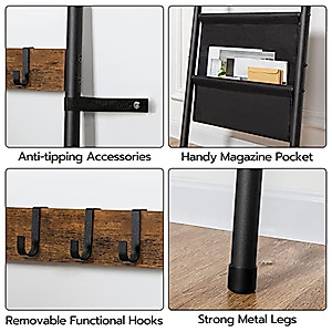 HOOBRO Blanket Ladder, 5 Tier Towel Rack, 17.3" L x 63" H, Wall-Leaning Blanket Rack, Decorative Ladder Holder with 4 Hooks and Pocket, Drying and Display Rack for Bathroom, Rustic Brown BF32CJ01