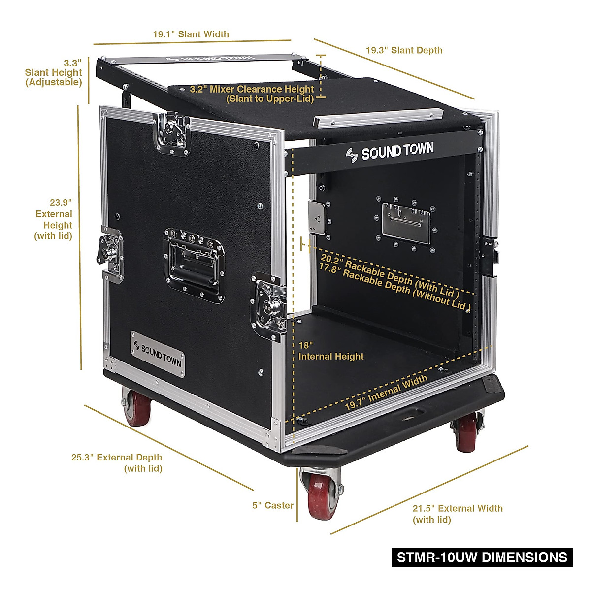 Sound Town Enhanced 1/2" (12mm) Plywood 10U PA DJ Pro Audio Rack/Road ATA Case with 11U Slant Mixer Top, 20’’ Rackable Depth and Casters, 10 Space Size, Pro Tour Grade (STMR-10UW)