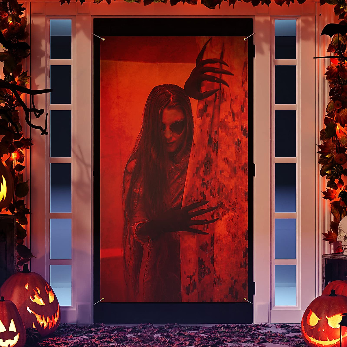 Halloween Theme Backdrop Door Banner Zombie Vampire Creepy Devil Hand Haunted House Terror Theme Happy Halloween Party Decoration Supplies for Men Boys Red