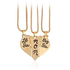 Meiligo® Fashion 3 Pcs Mother and daughter Puzzle Dog Tag Necklace Jewlery Big Sis mom Lil Sis Letter Matching Engraved Necklace Set (Gold(3pcs))