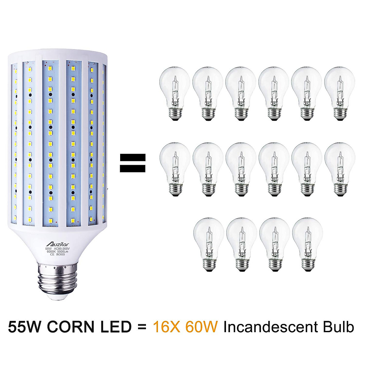 Auzilar 55W LED Corn Light Bulb (E39 Large Mogul Base) 5500Lm 6000K Cool White Daylight, for Metal Halide HID HPS Replacement Garage Parking Lot High Bay Warehouse Street Lamp Lighting 85V-265V