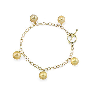 The Pearl Source 14K Gold 9-10mm Round Genuine Golden South Sea Cultured Pearl Dangling Tincup Bracelet for Women