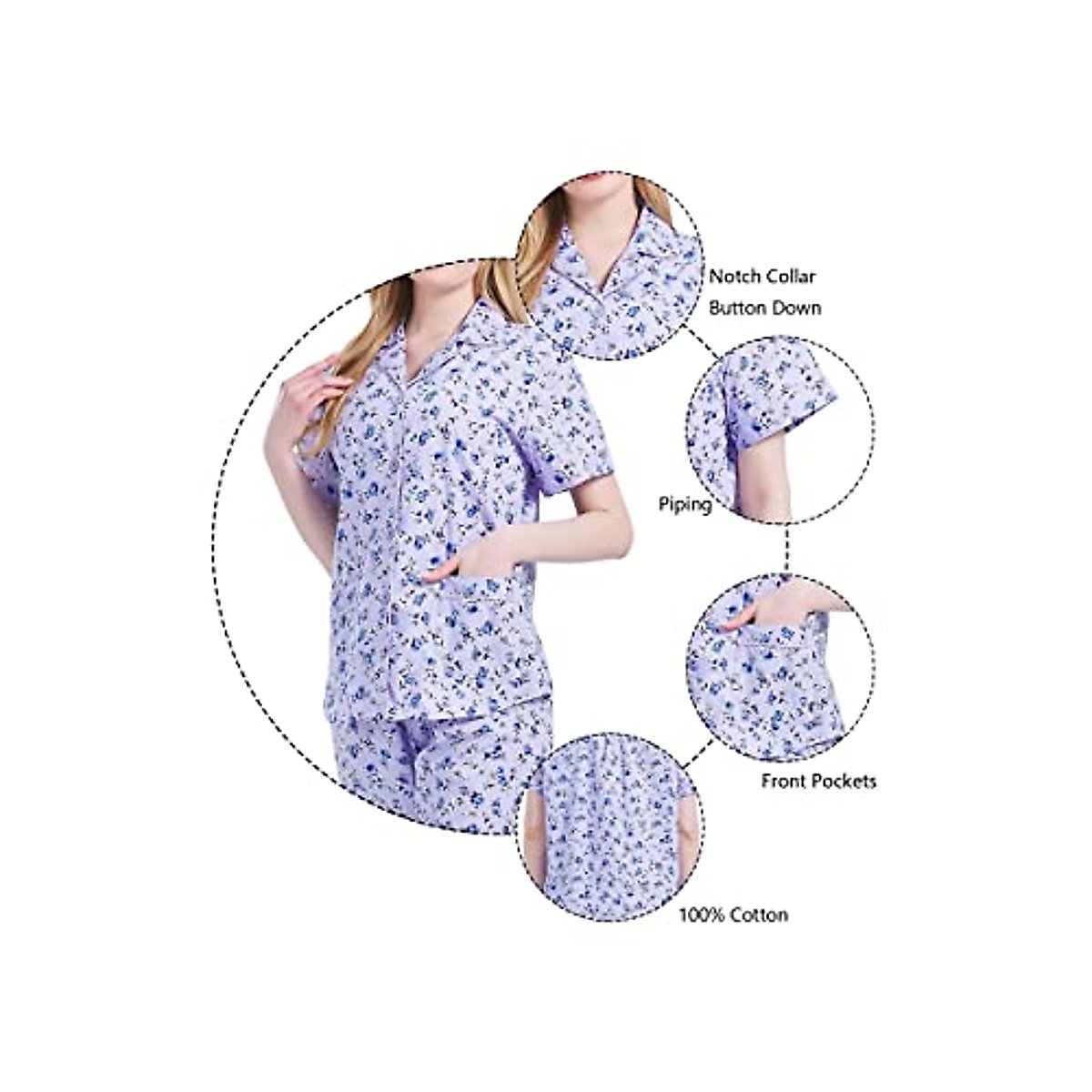 GLOBAL Women's 100% Cotton Pajama Sets | Two-Piece Soft Short-Sleeved and Long Pants PJs for Spring and Summer | Button Down Front Top and Drawstring Waist Bottom Nightwear