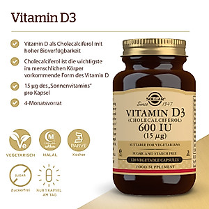 Solgar Vitamin D3 (Cholecalciferol) 15 mcg (600 IU), 120 Vegetable Capsules - Helps Maintain Healthy Bones & Teeth - Immune Support - Non-GMO, Gluten Free, Dairy Free, Kosher, Halal - 120 Servings