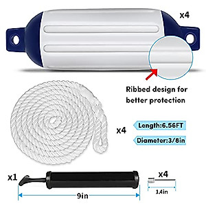 VEITHI Boat Fenders 4Pack, Ribbed Twin Eyes Vinyl Boat Fender Bumpers, Boat Bumpers for Docking Come with Ropes Needles and Pump to Inflate, Bumpers of Boats 8.5 x 27 inch White/Blue