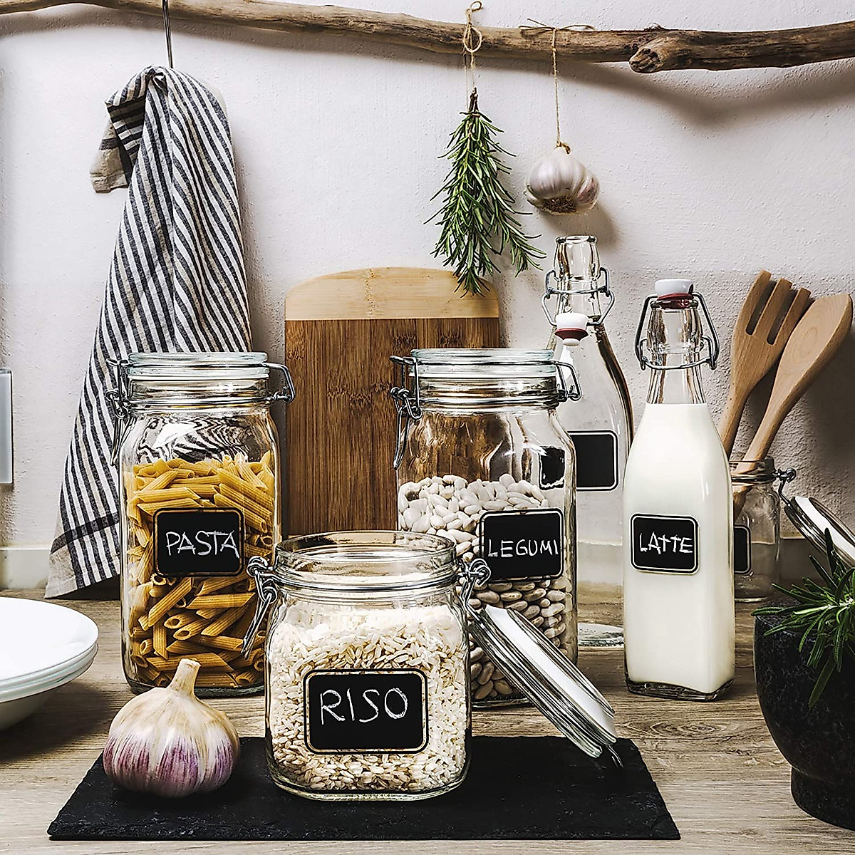 Bormioli Rocco Fido Collection, 2 Pack, 50.75 Oz. Food Storage Glass Jars, With Chalkboard, Airtight Rubber Seal & Glass Lid, With Steel Wire Clamp, Made In Italy.