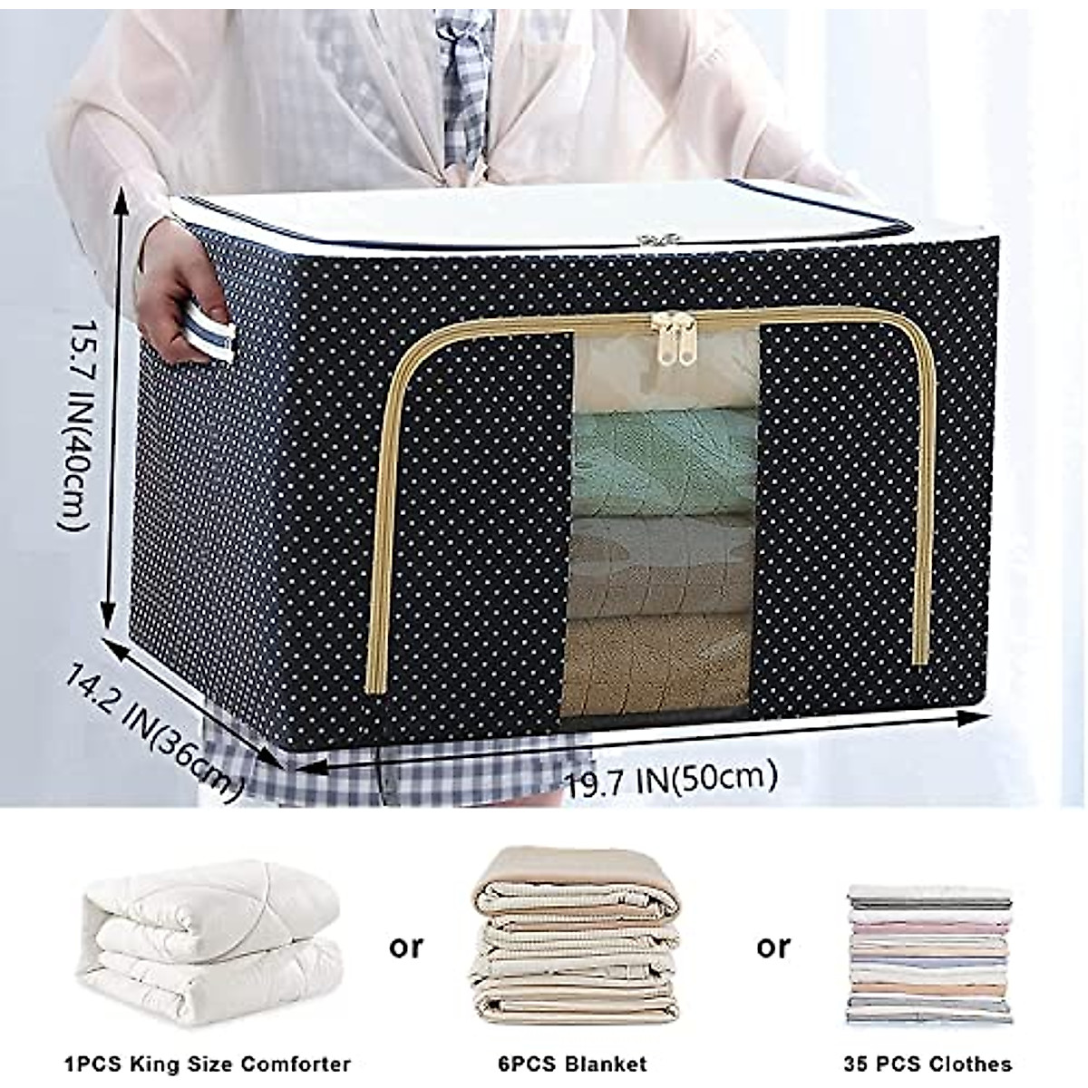 Clothes Storage Bins Boxes, 72L Large Oxford Cloth Steel Frame Organizers Bag with Clear Window, Sturdy Zipper, Reinforced Handle for Bedding, Blankets, Bedding, Pillow, Seasonal Clothing, Comforter