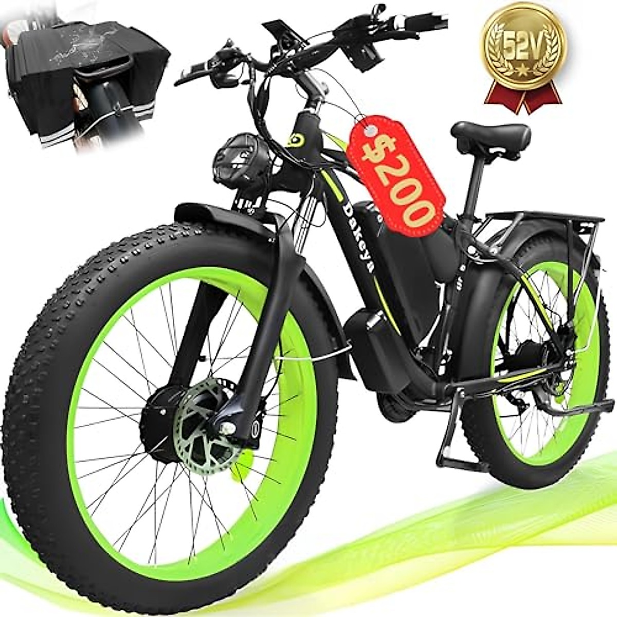 Dakeya Da06 Electric Bike for Adults,Dual Motor Ebike AWD 2000W,21-Speed 35MPH Mountain Snow Ebike with Removable 52V 23AH Battery,26" x 4.0 Fat Tire E-Bike with High-Capacity Cycling Pannier Bag