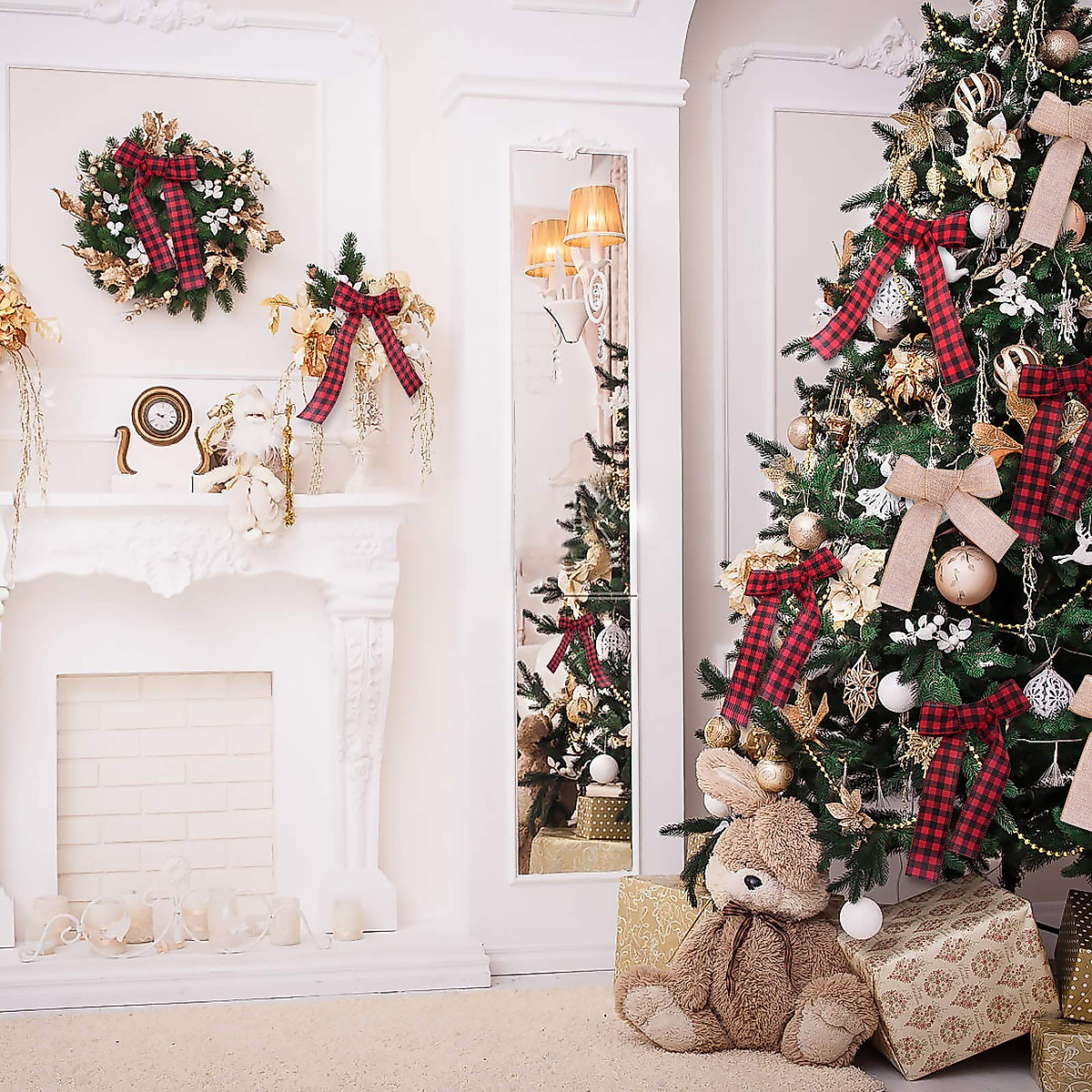 3 Rolls Wired Plaid Ribbons,3x10 Yards,2 Inch Black Red Plaid Ribbon,Black White Buffalo Plaid Ribbon and Burlap Craft Ribbon for DIY Gift Wrapping, Holiday Decorations