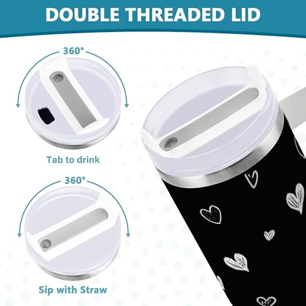 PaChyLuu 40 oz Insulated Tumbler with Handle and Straw Lid, Black White Heart Valentine's Day Leak-Proof Stainless Steel Travel Coffee Mug for Car Cup Holder