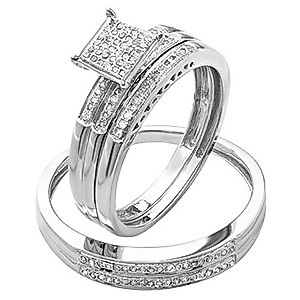 Dazzlingrock Collection 0.20 Carat (Cttw) Round Diamond Men's & Women's Engagement Ring Trio Ring Set 1/5 CT, Sterling Silver
