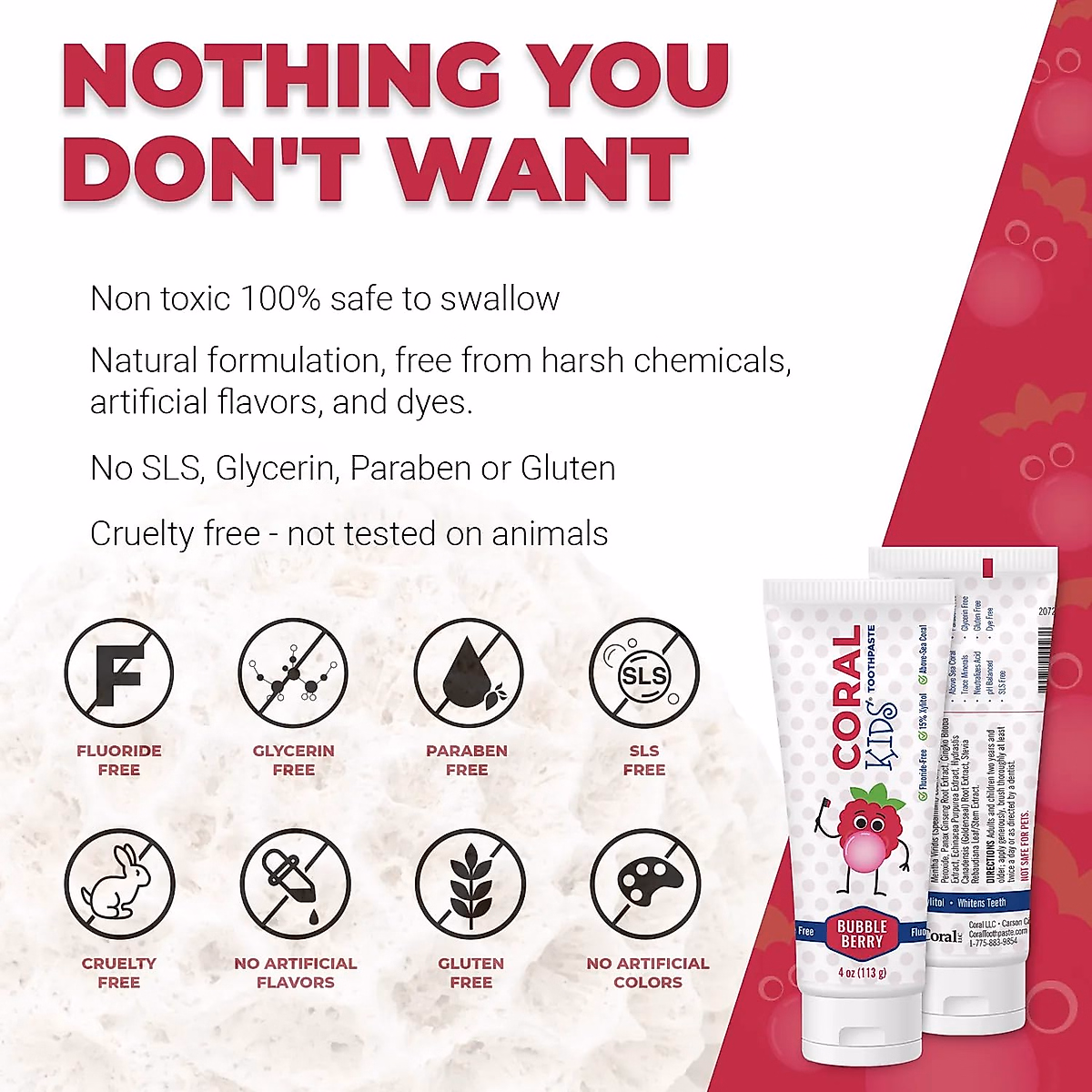 Coral White Kids Bubble Berry Fluoride Free Toothpaste - 4 Ounces (3 Pack)