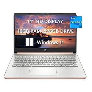 2023 Newest HP Laptops for College Student & Business, 14'' HD Computer, Intel Celeron N4120(4-core), up to 2.60 GHz, 16GB RAM, 576GB(64GB SSD+512GB Card), HDMI, Rose Gold, Windows 11, ROKC HDMI Cable