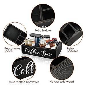 Coffee Station Organizer Wooden Coffee Bar Organizer for Countertop, Coffee Bar Accessories Organizer Farmhouse Kcup Coffee Pod Holder Storage Basket with Handle - Black