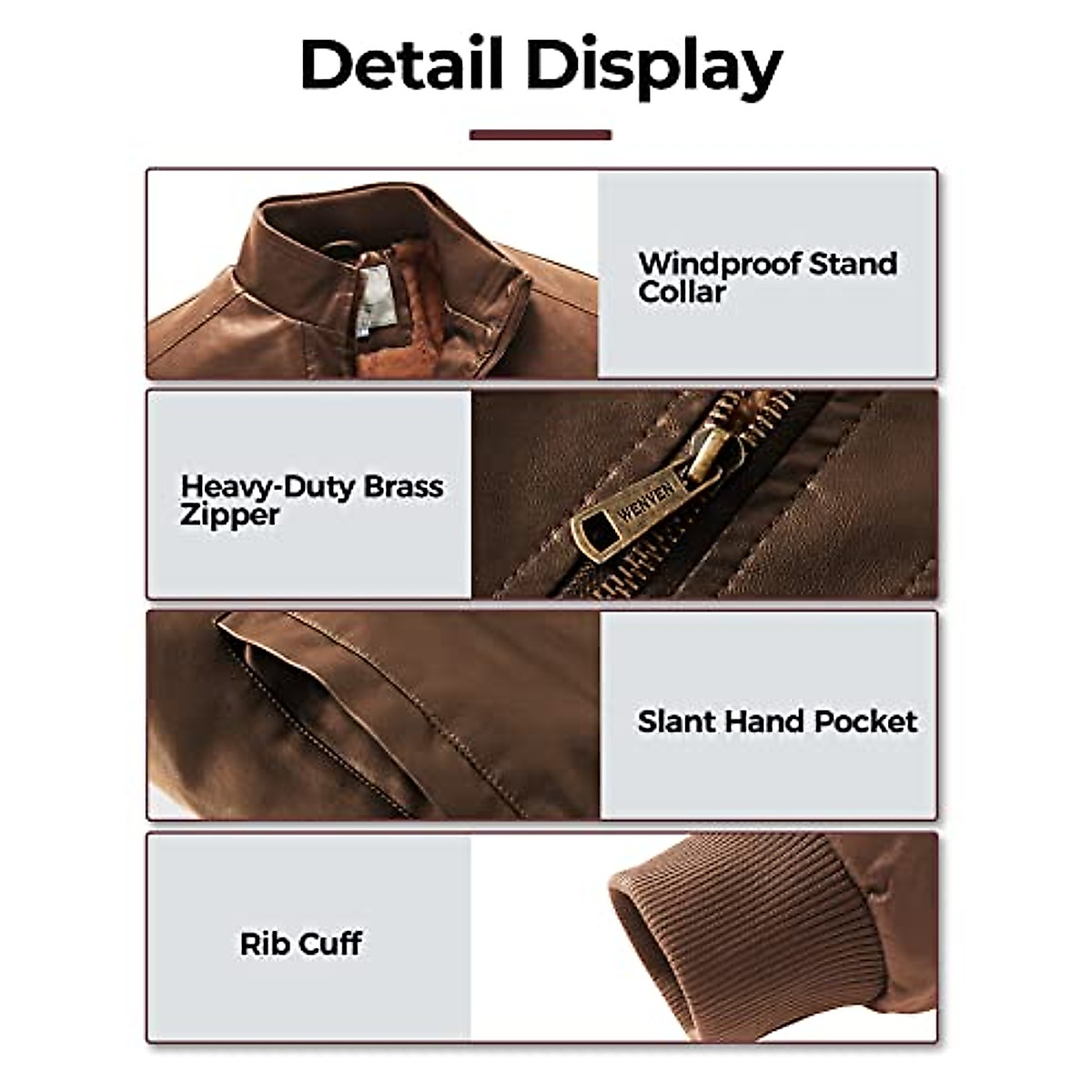 WenVen Men's Stand Collar Fleece Lined Bomber Faux Leather Jacket (Field, M)