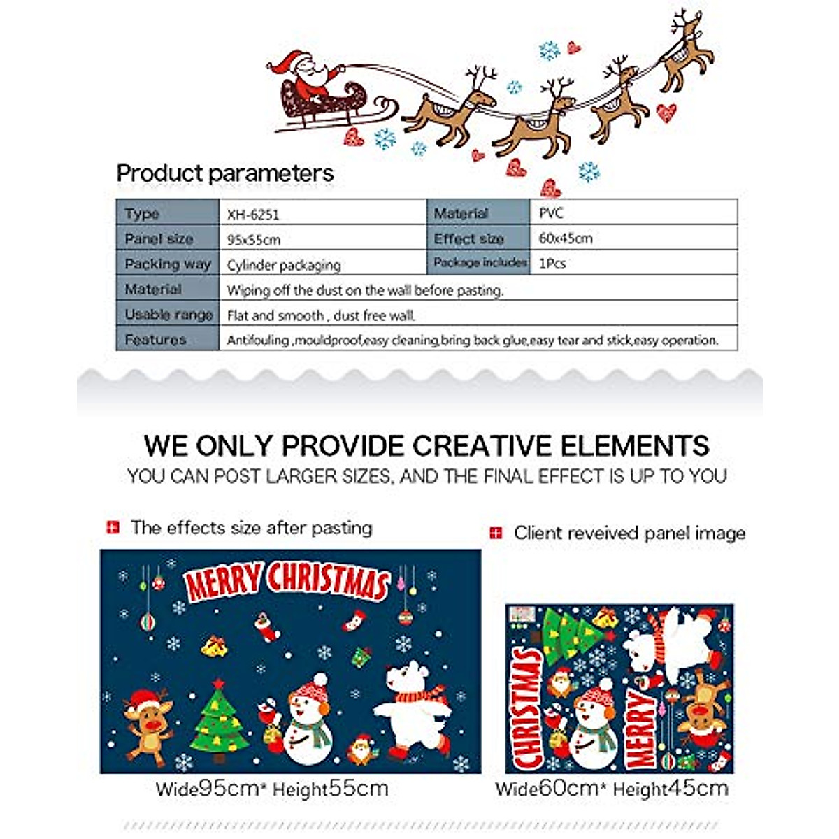 YULOONG Christmas Windows Static Stickers Colorful Clings Removable Vinyl Santa Claus Christmas Tree Snowman Snowflake Deer DIY Wall Window Door Mural Showcase Decal Sticker