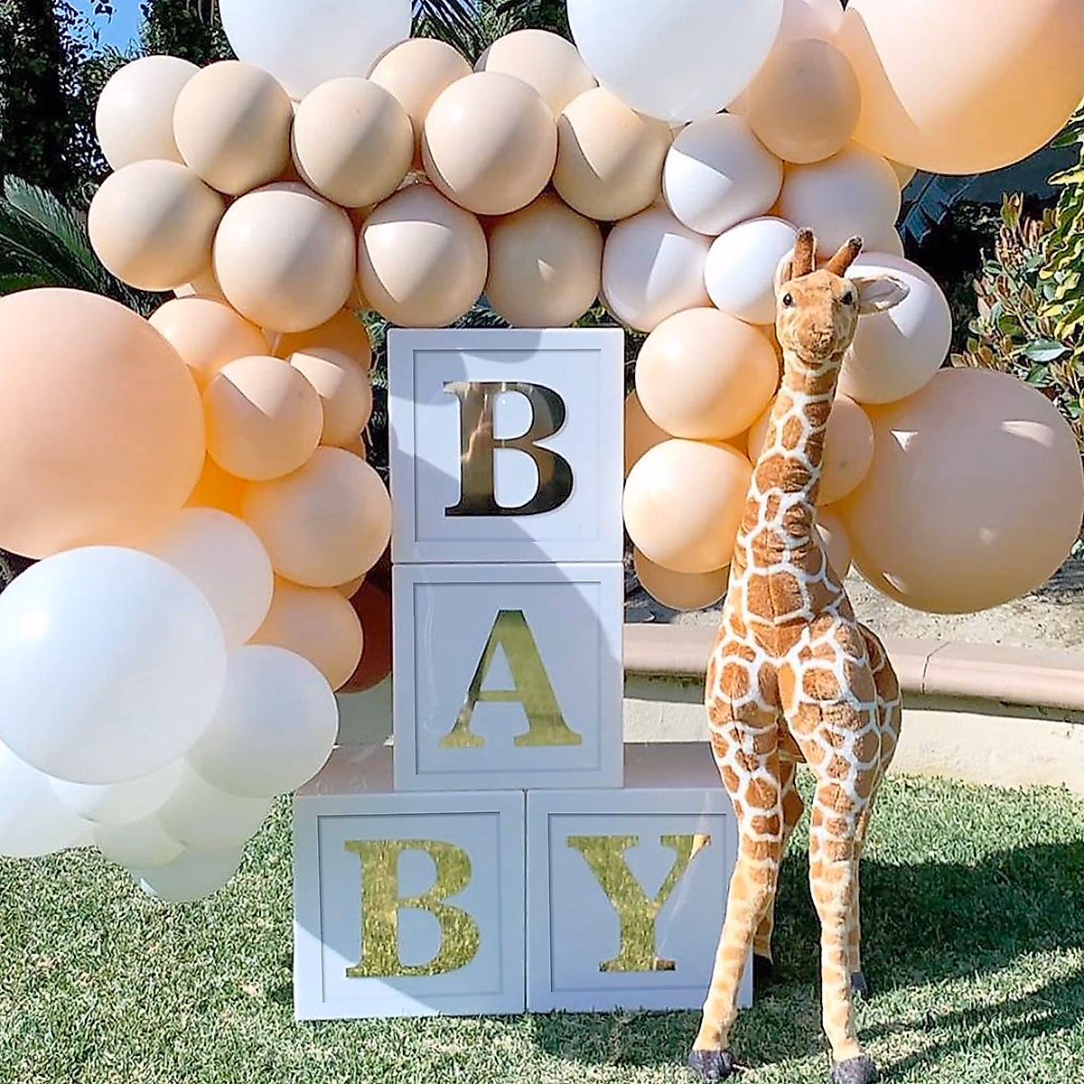 Baby Shower Boxes Party Decorations - 4pcs Stereoscopic White Baby Balloon Boxes with Gold Baby+A-Z Letters,Baby Party Boxes Baby Blocks for Teddy Bear Baby Shower,Boy Girl 1st Birthday Party Backdrop
