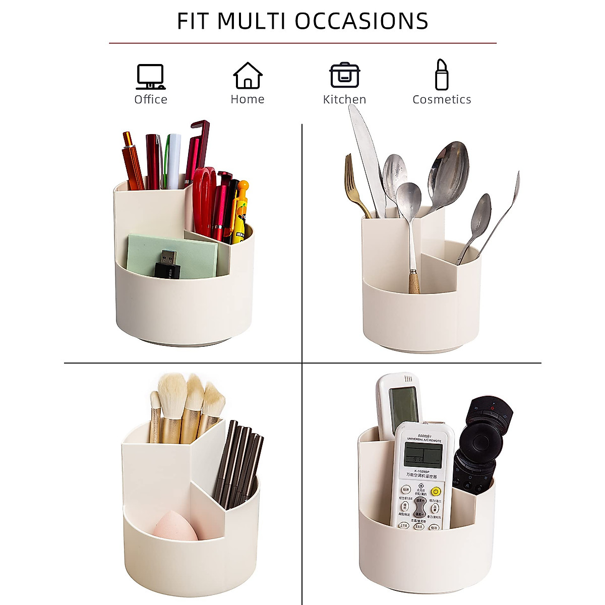 Desk Pencil Pen Holder, 3 Slots 360-Degree Spinning Pencil Pen Desk Organizers, Desktop Storage Pen Organizers Stationery Supplies, Cute Pencil Cup Pot for Office, School, Art Supply, Kids - White