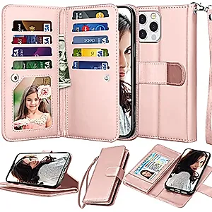 NJJEX Compatible with iPhone 13 Mini Case/iPhone 13 Mini Wallet Case 5.4" (2021), [9 Card Slots] PU Leather Credit Holder Folio Flip [Detachable] Kickstand Magnetic Phone Cover & Lanyard [Rose Gold]