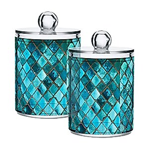Kigai 2PCS Blue Glass Mosaic Qtip Holder Dispenser with Lids - 14 oz Bathroom Storage Organizer Set, Clear Apothecary Jars Food Storage Containers, for Tea, Coffee, Cotton Ball, Floss