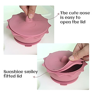 Baby Bowls with Lids and Spoons First Stage, Santi & Me Bowls with Suction and Spoon Silicone Feeding Set Perfect for Baby Dishes and Utensils Set(Dark Pink)