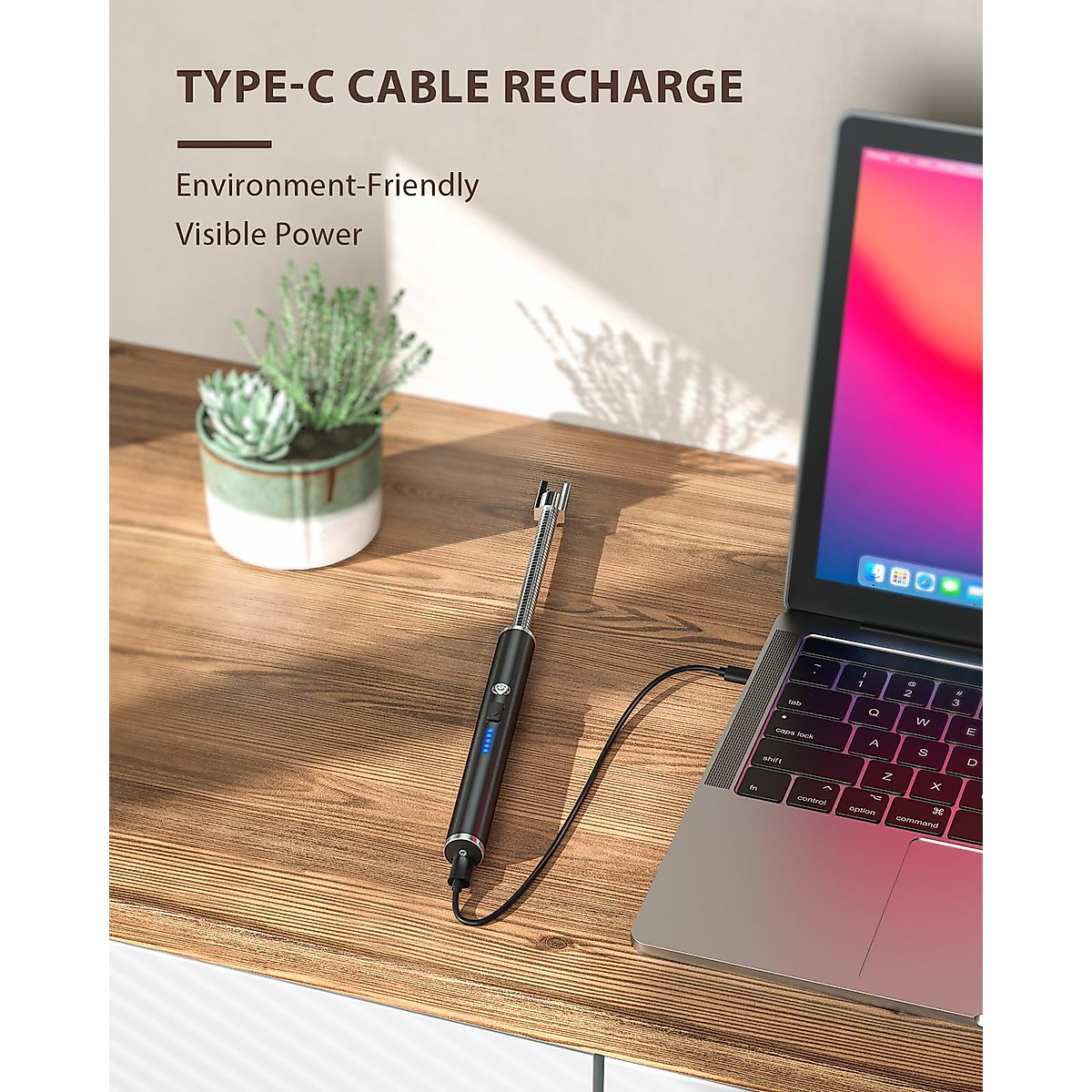 RONXS Candle Lighter, Electric Lighter, Rechargeable Type C Lighters Arc Lighter with LED Battery Display, Flameless Long Lighters for Candles Grill BBQ Camping (Black)